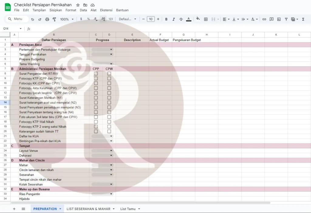 Checklist Persiapan Pernikahan Excel / Spreadsheet Siap Edit
